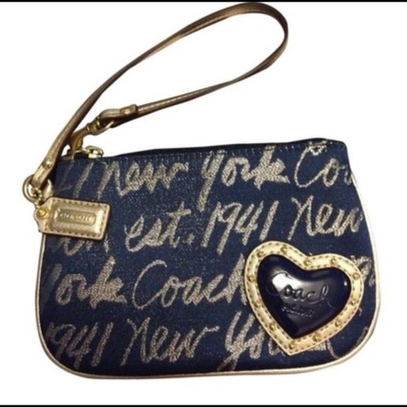 Coach | Bags | Coach New York Script Wristlet Navy Gold | Poshmark